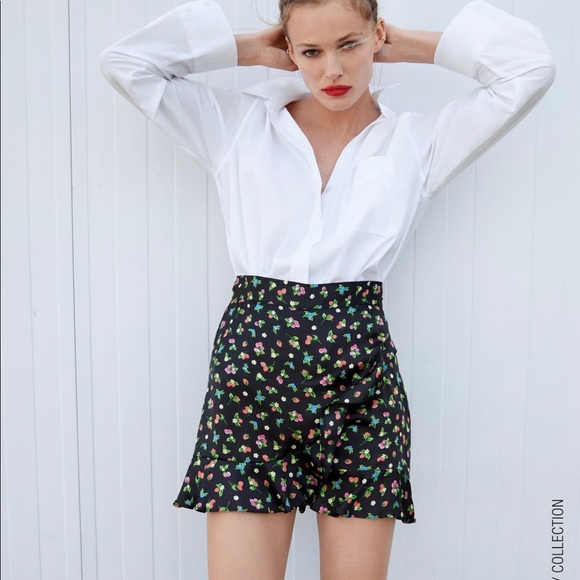Zara | Shorts | Zara Satin Effect Ruffle Black Skort Xl | Poshmark